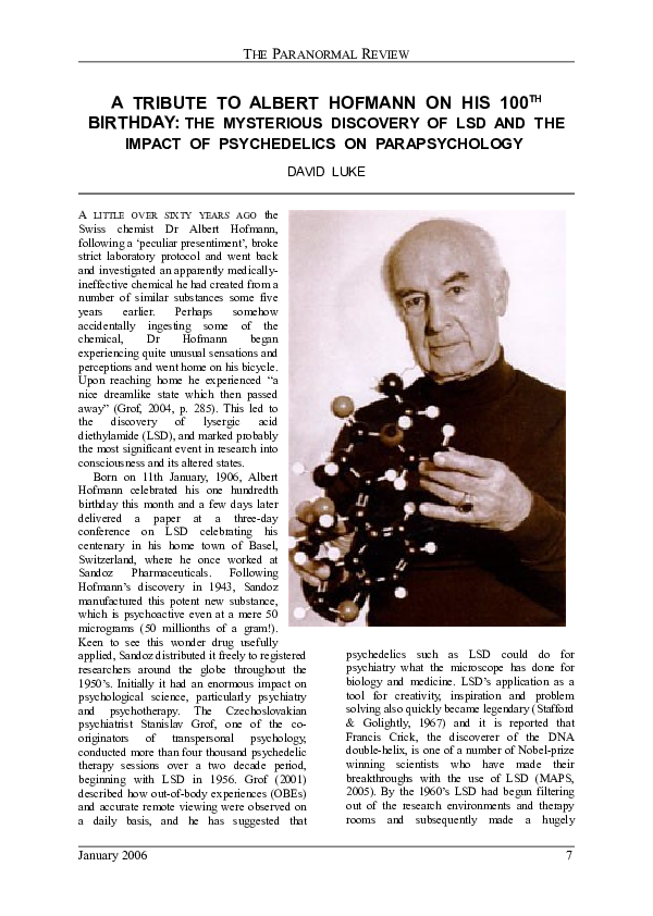 (DOC) A tribute to Albert Hofmann on his 100th birthday: The mysterious ...