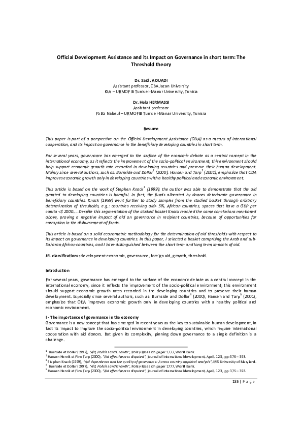 (PDF) Official Development Assistance and its Impact on Governance in short term: The Threshold ...