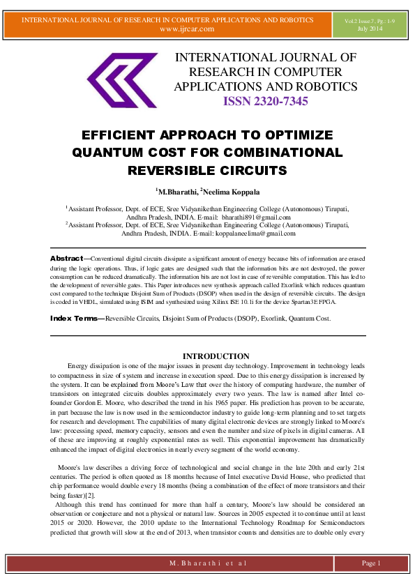 Efficient Approach To Optimize Quantum Cost For Combinational Reversible Circuits﻿﻿﻿