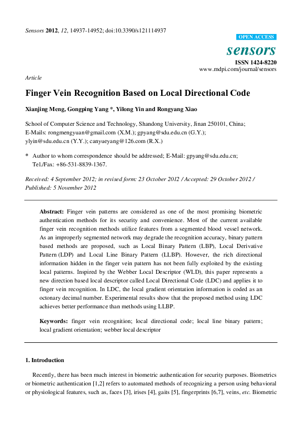 (PDF) Finger Vein Recognition Based on Local Directional Code