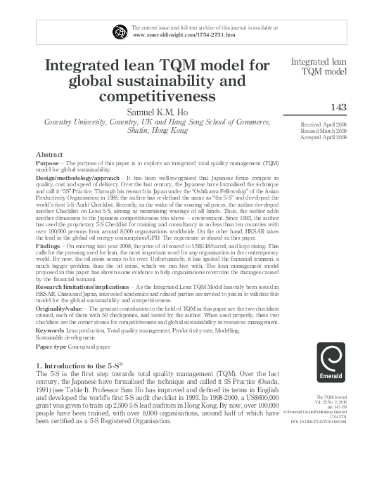 (PDF) Integrated lean TQM model for global sustainability and ...