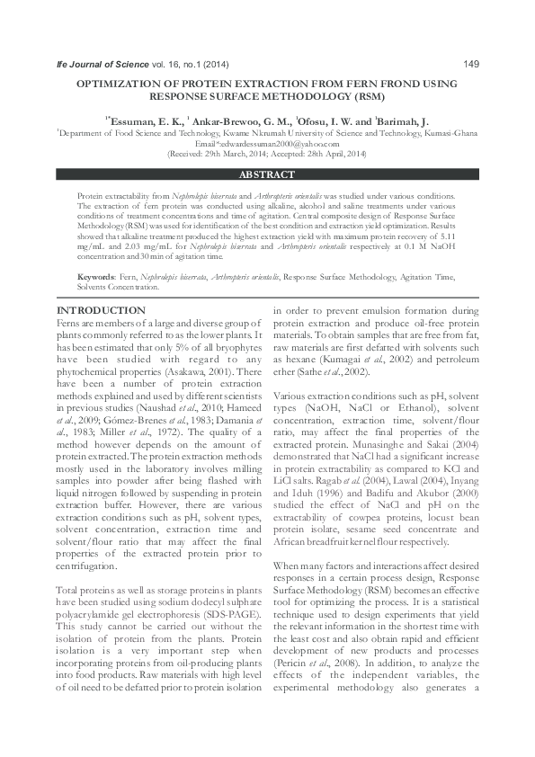 (PDF) OPTIMIZATION OF PROTEIN EXTRACTION FROM FERN FROND USING RESPONSE SURFACE METHODOLOGY (RSM