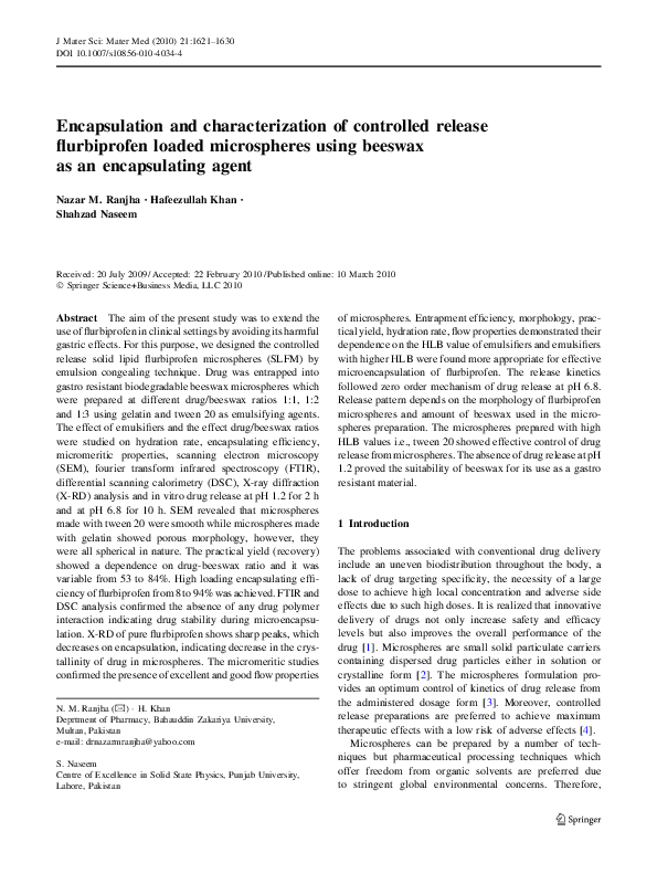 Pdf Encapsulation And Characterization Of Controlled Release Flurbiprofen Loaded Microspheres