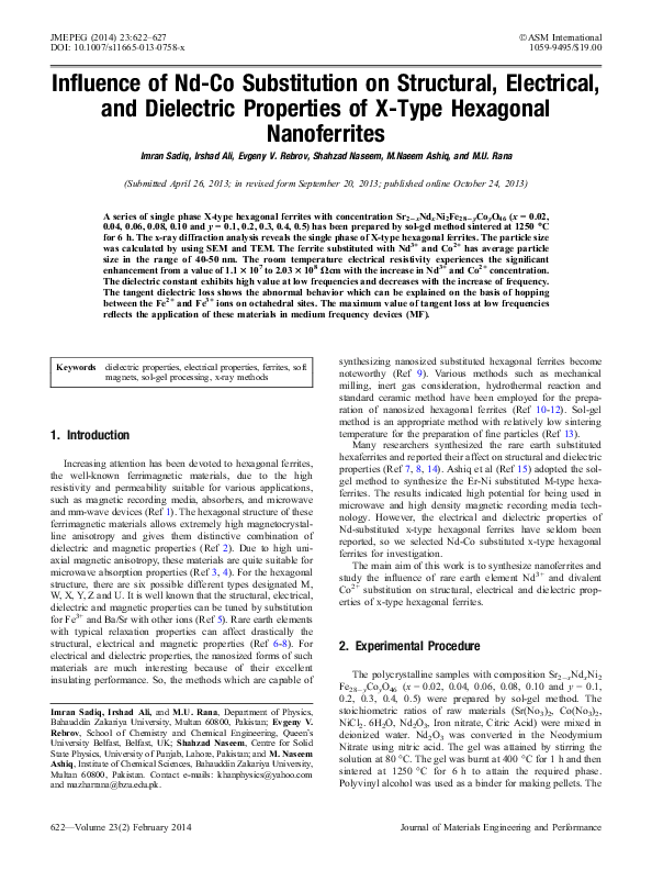 (PDF) Influence of Nd-Co Substitution on Structural, Electrical, and Dielectric Properties of X ...