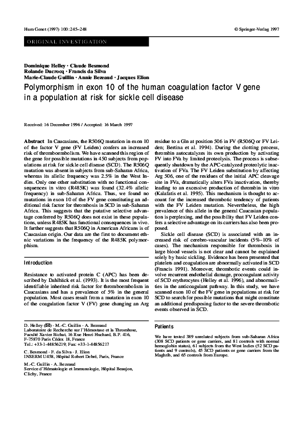 (PDF) Polymorphism in exon 10 of the human coagulation factor V gene in ...