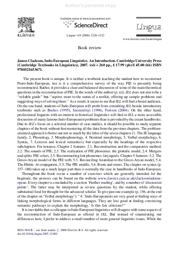 (PDF) Review of: James Clackson, Indo-European Linguistics. Cambridge ...