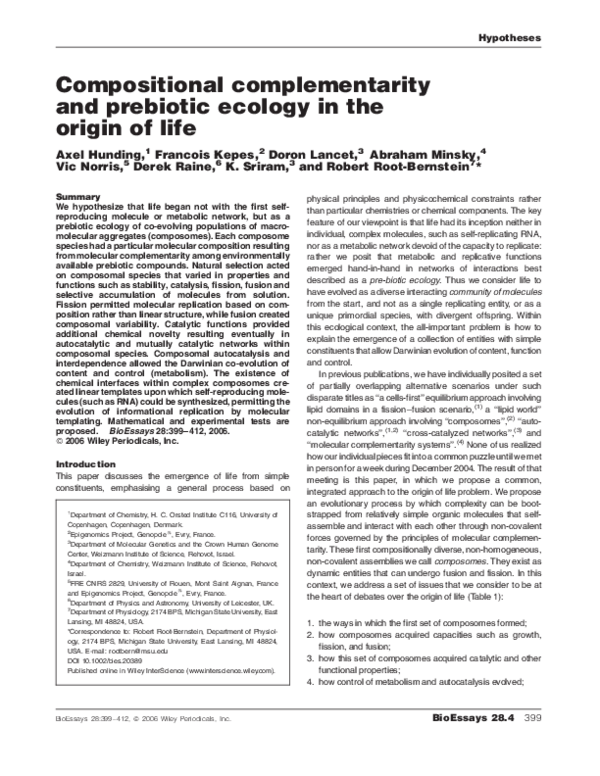 (PDF) Compositional complementarity and prebiotic ecology in the origin ...