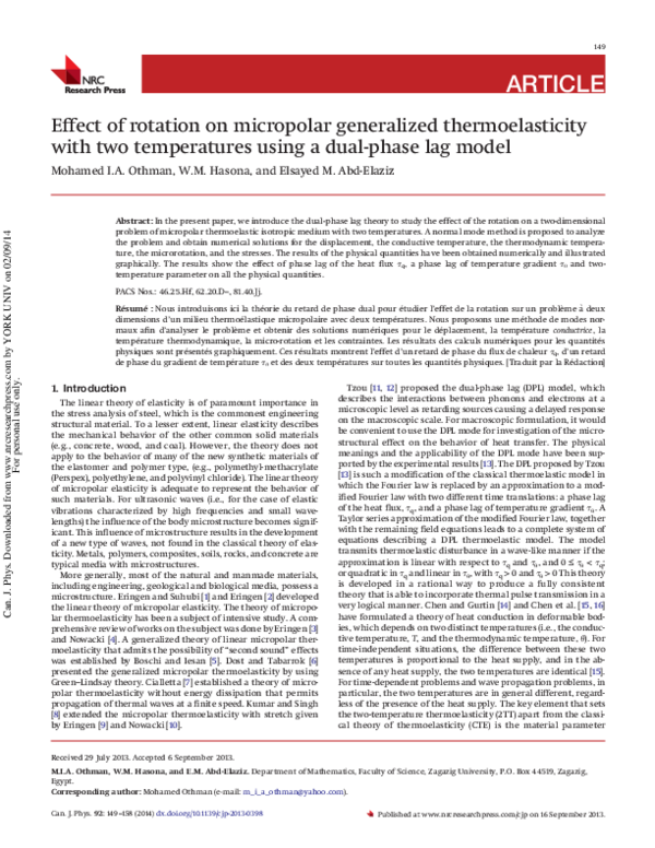 Pdf Article Effect Of Rotation On Micropolar Generalized