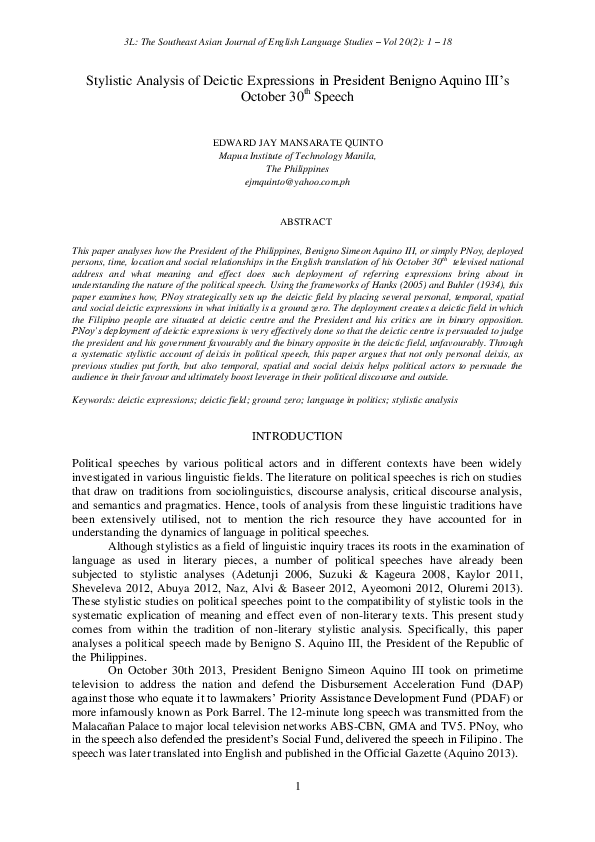 (PDF) Stylistic Analysis of Deictic Expressions in President Benigno Aquino III’s October 30th ...
