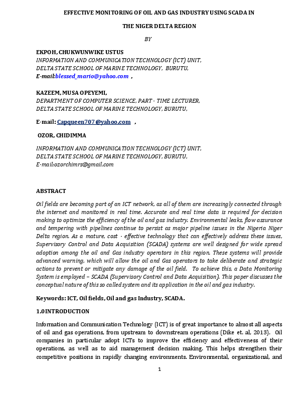 Doc Effective Monitoring Of Oil And Gas Industry Using Scada Technology In The Niger Delta Region