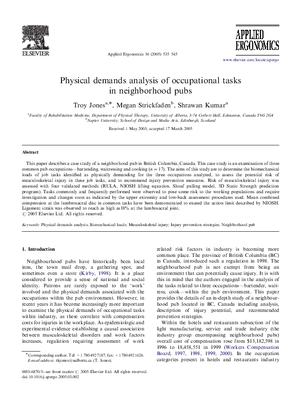(PDF) Physical demands analysis of occupational tasks in neighborhood pubs