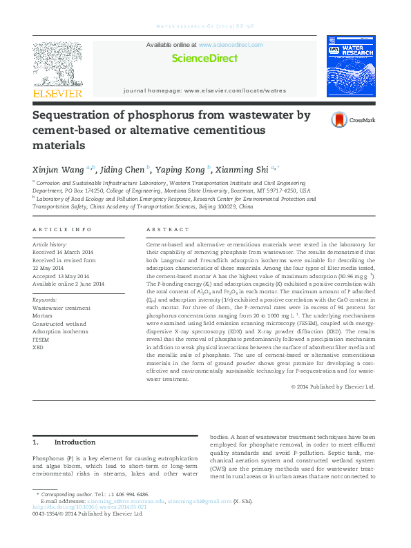 (PDF) Sequestration of Phosphorus from Wastewater by Cement-Based or Alternative Cementitious ...
