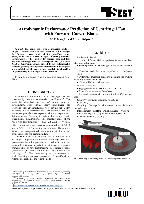 (PDF) Aerodynamic Performance Prediction of Centrifugal Fan with Forward Curved Blades