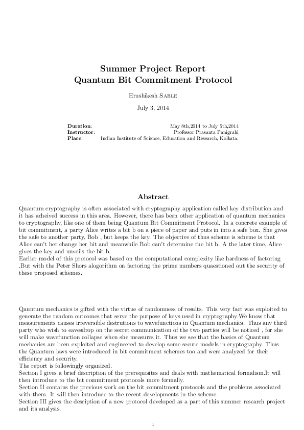 (PDF) Summer Project Report Quantum Bit Commitment Protocol