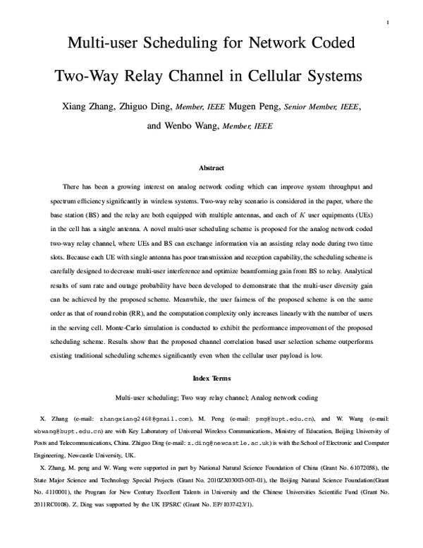 (PDF) Multi-user Scheduling for Network Coded Two-Way Relay Channel in Cellular Systems