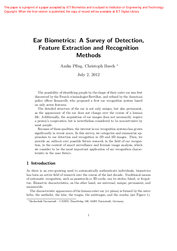 Pdf Ear Biometrics A Survey Of Detection Feature Extraction And Recognition Methods