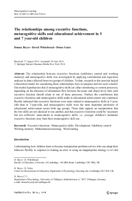 Pdf The Relationships Among Executive Functions Metacognitive Skills