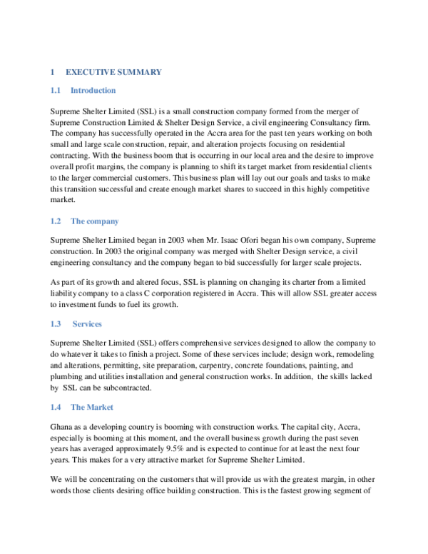 DOC EXECUTIVE SUMMARY Introduction Supreme Shelter Limited SSL Is A Small Construction doc-executive-summary-introduction-supreme-shelter-limited-ssl-is-a-small-construction
