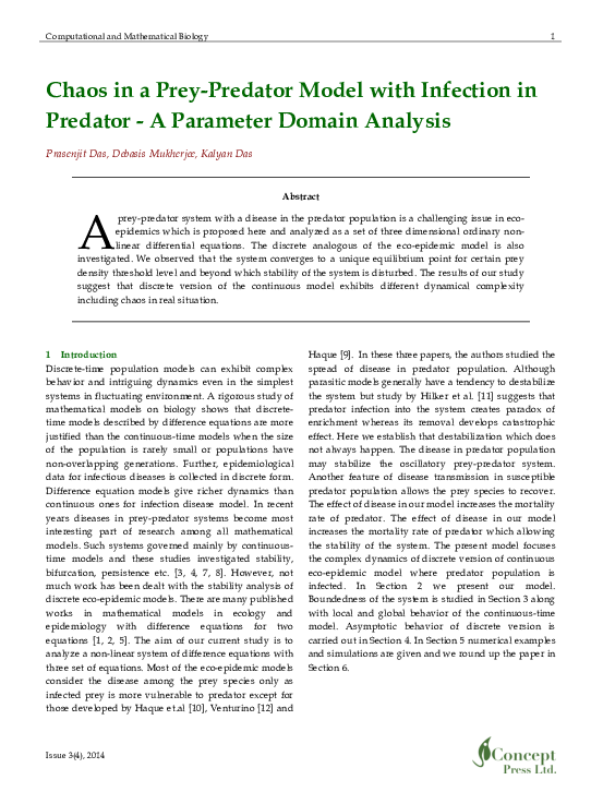 (PDF) Chaos in a Prey-Predator model with Infection in Predator - A ...