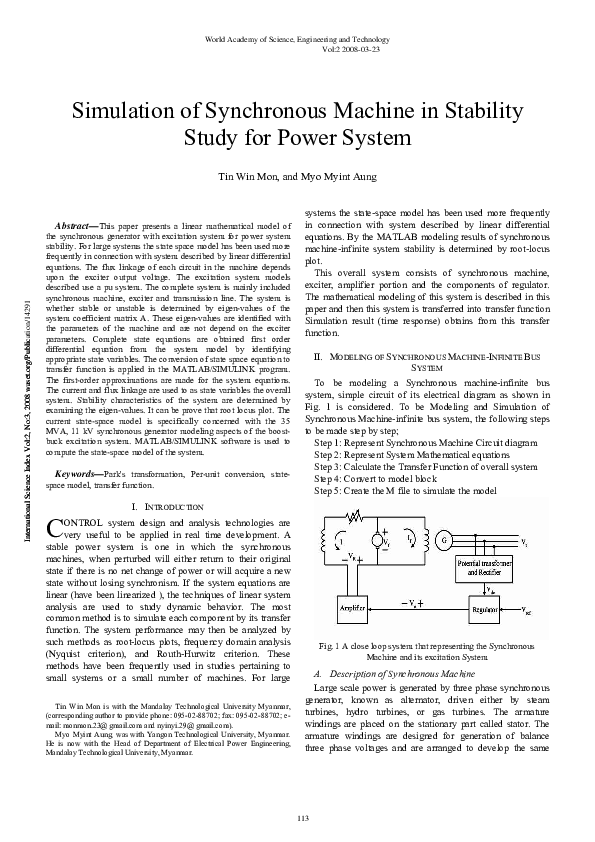 (PDF) Simulation of Synchronous Machine in Stability Study for Power System