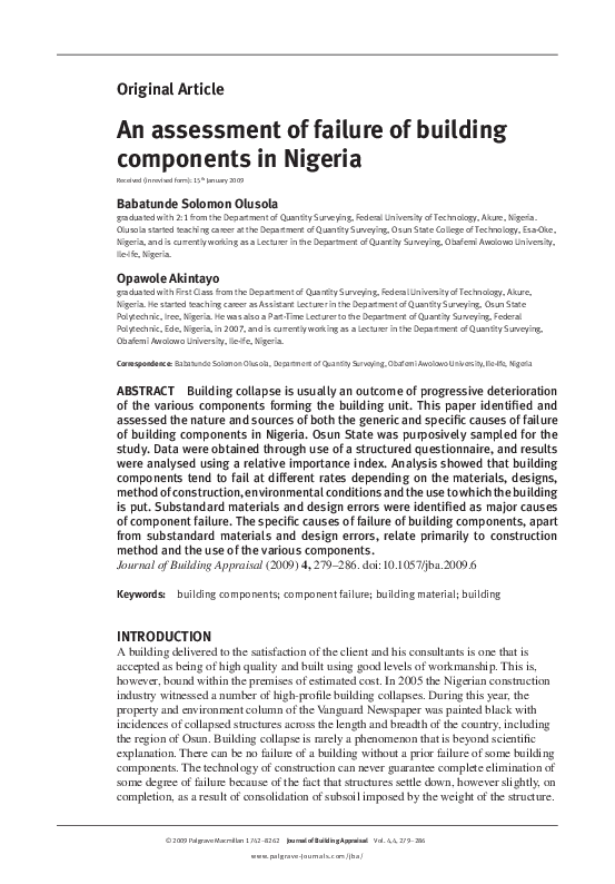 (PDF) An assessment of failure of building components in Nigeria