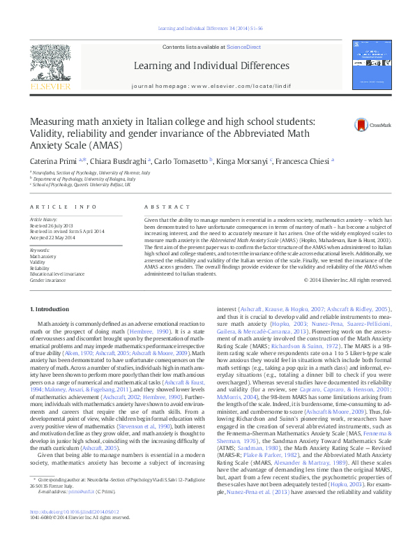 (PDF) Measuring math anxiety in Italian college and high school ...