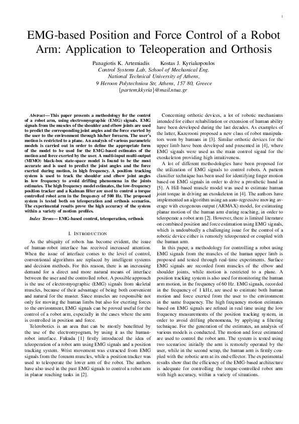 (PDF) EMG-based Position and Force Control of a Robot Arm: Application to Teleoperation and Orthosis