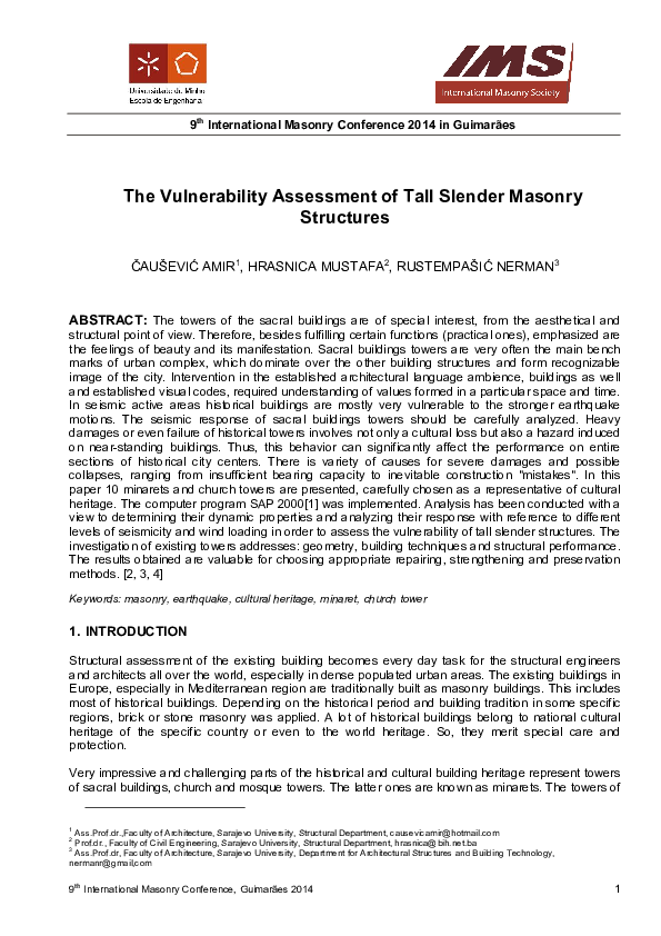 (PDF) The Vulnerability Assessment of Tall Slender Masonry Structures