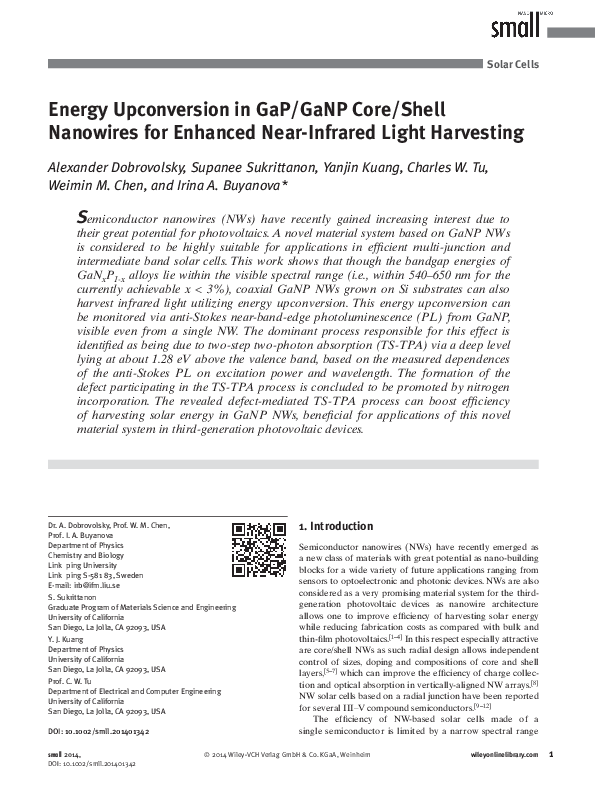 (PDF) Energy Upconversion in GaP/GaNP Core/Shell Nanowires for Enhanced Near-Infrared Light ...