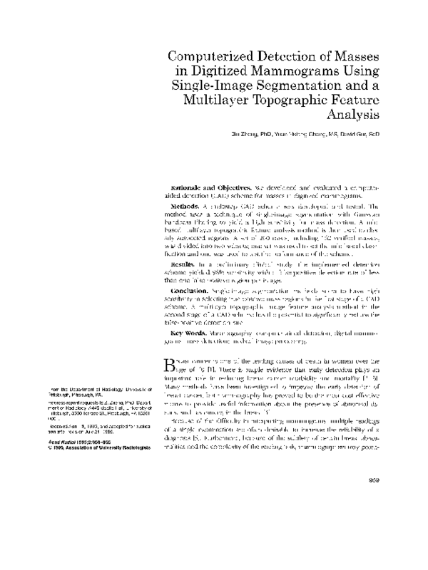 Pdf Computerized Detection Of Masses In Digitized Mammograms Using