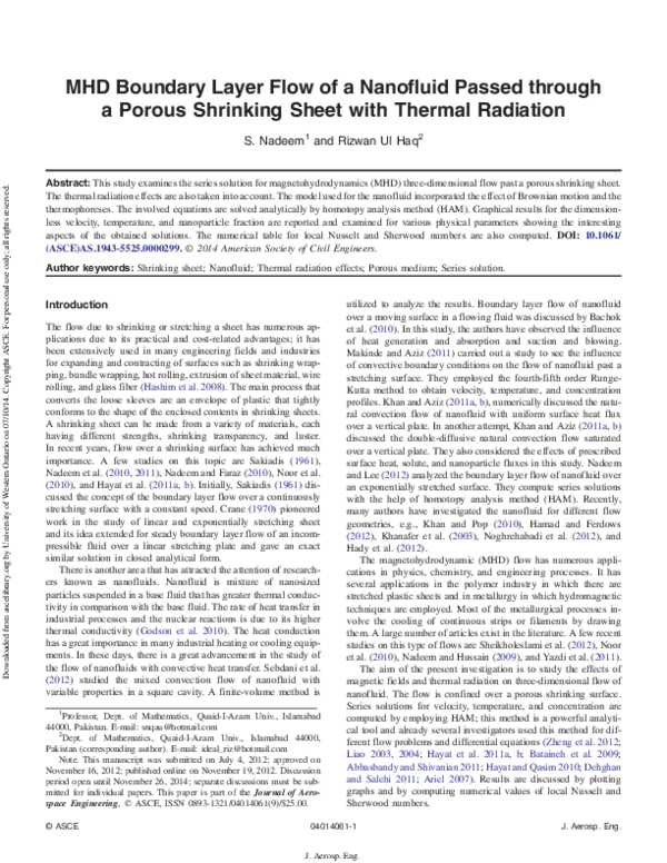 (PDF) MHD Boundary Layer Flow of a Nano Fluid Past a Porous Shrinking Sheet with Thermal Radiation