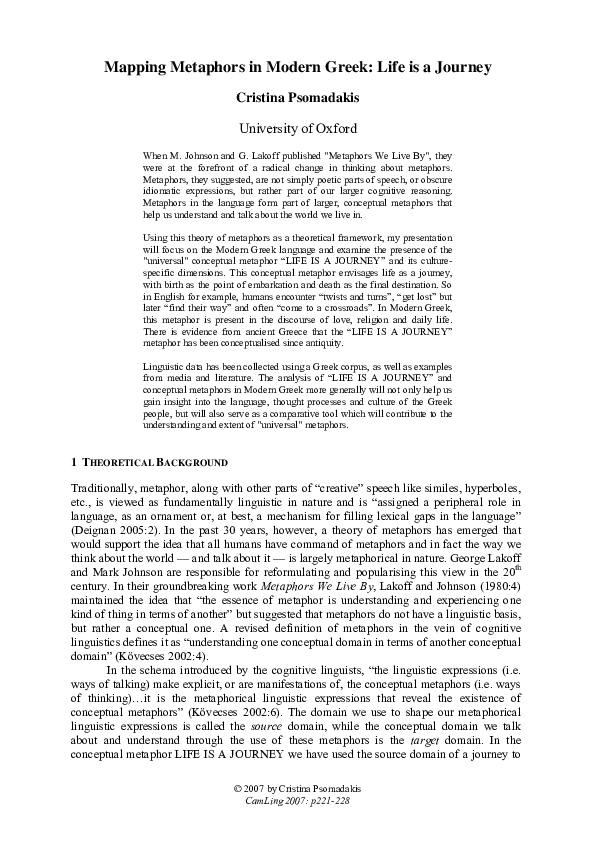 (PDF) Mapping Metaphors in Modern Greek: Life is a Journey