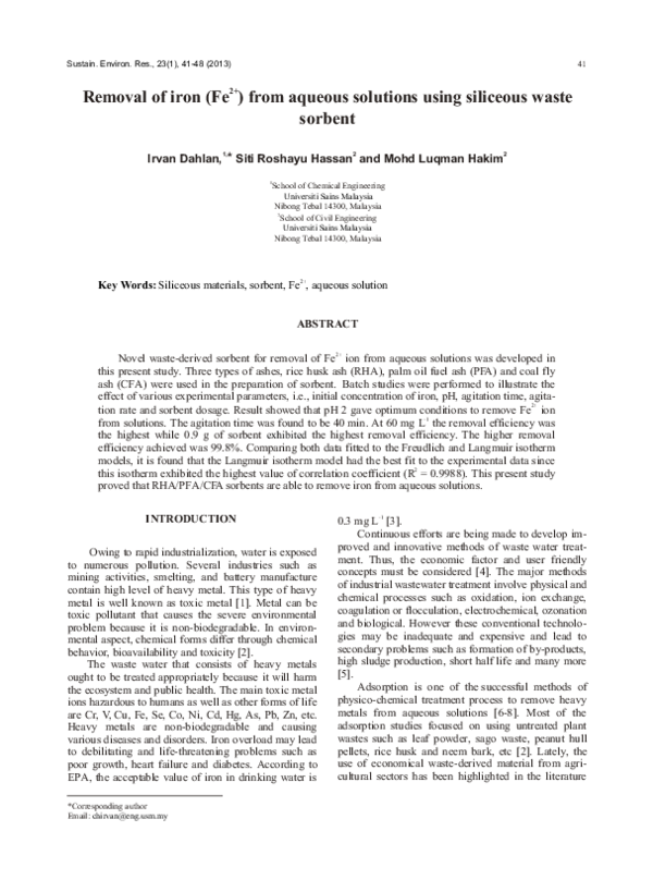 (PDF) Removal of Fe from aqueous solution using siliceous waste sorbent
