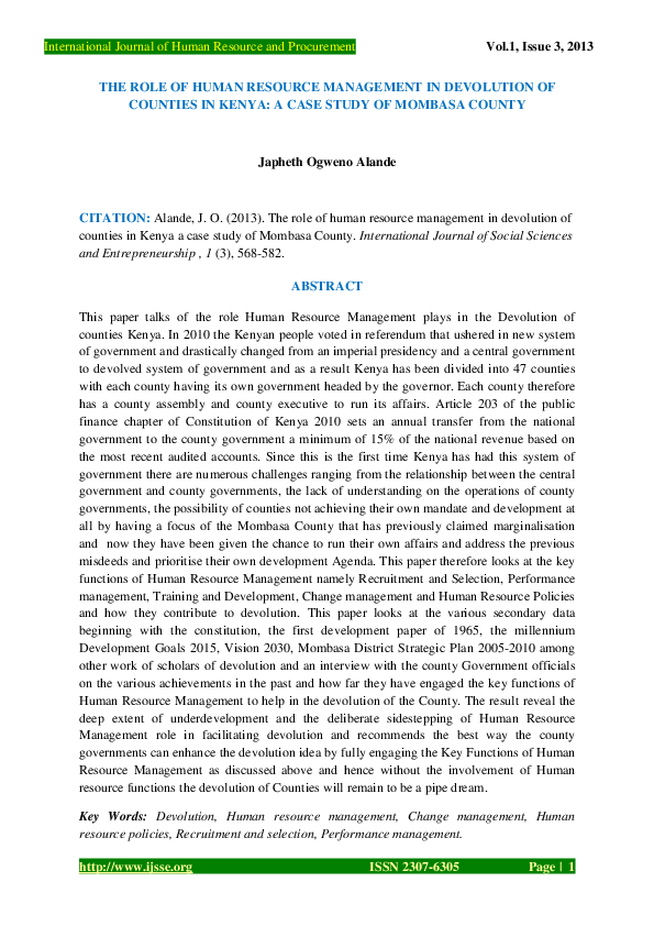 (PDF) THE ROLE OF HUMAN RESOURCE MANAGEMENT IN DEVOLVED SYSTEM OF GOVERNANCE IN KENYA