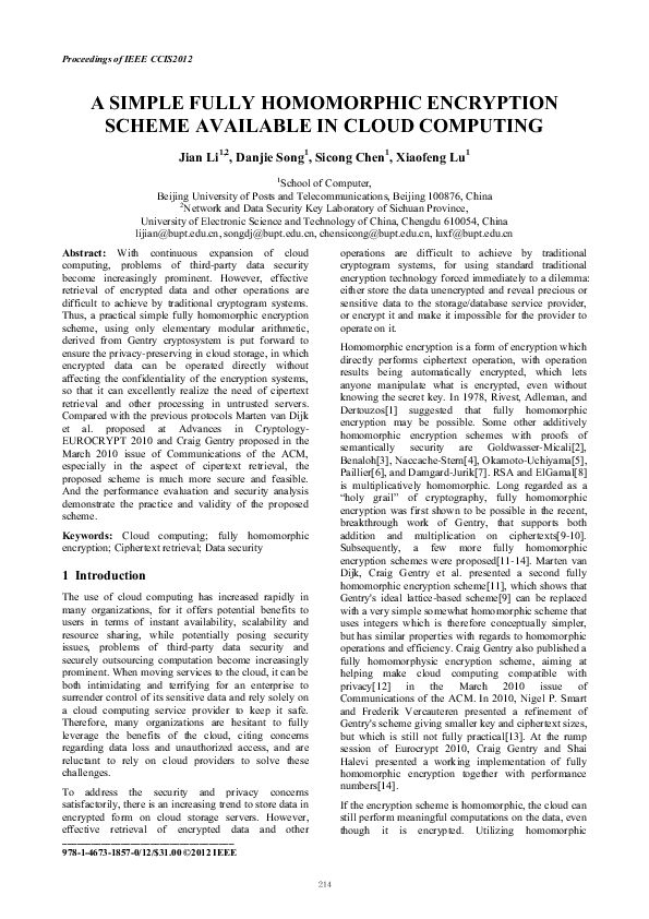 (PDF) A SIMPLE FULLY HOMOMORPHIC ENCRYPTION SCHEME AVAILABLE IN CLOUD COMPUTING