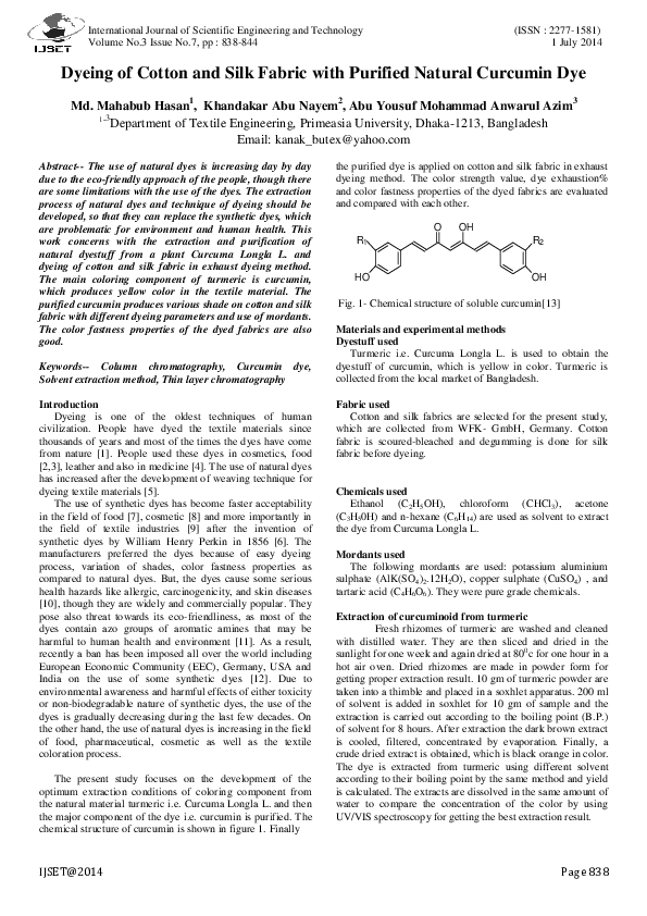 (PDF) Dyeing of Cotton and Silk Fabric with Purified Natural Curcumin Dye