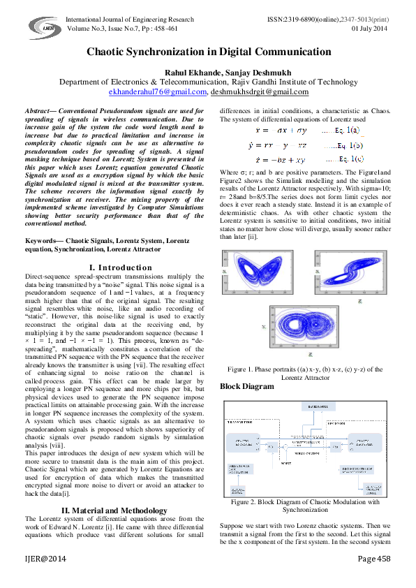 Pdf Chaotic Synchronization In Digital Communication