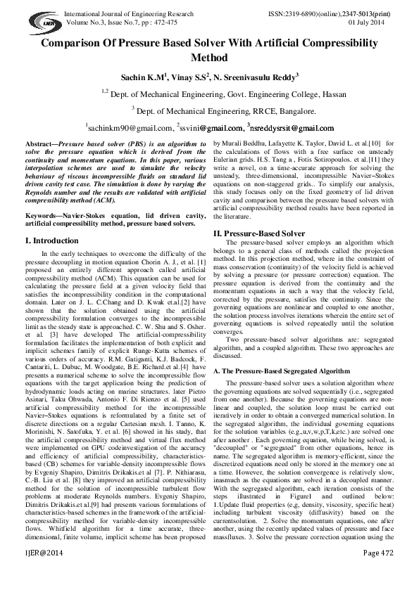 (PDF) Comparison Of Pressure Based Solver With Artificial Compressibility Method