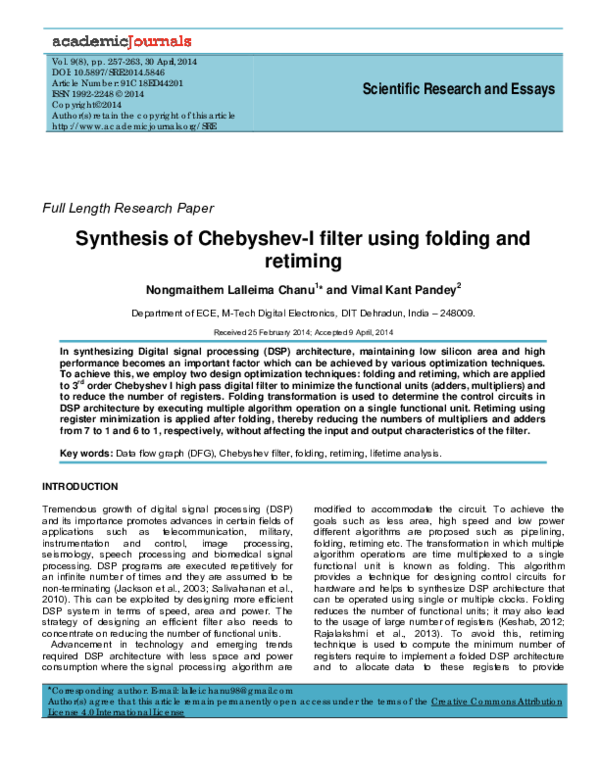 (PDF) Synthesis of Chebyshev-I filter using folding and retiming