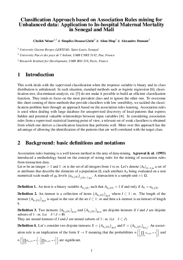 (PDF) Classification Approach based on Association Rules mining for Unbalanced data: Application ...