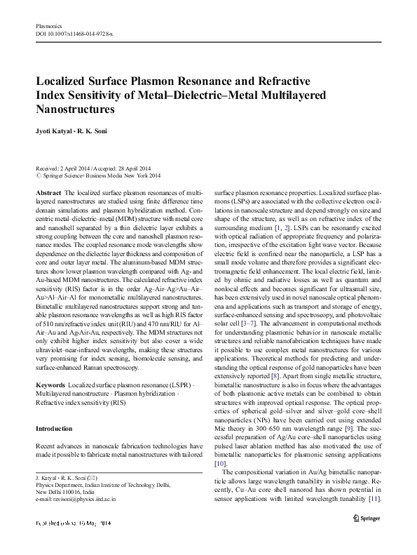 (PDF) Localized Surface Plasmon Resonance and Refractive Index Sensitivity of Metal–Dielectric ...