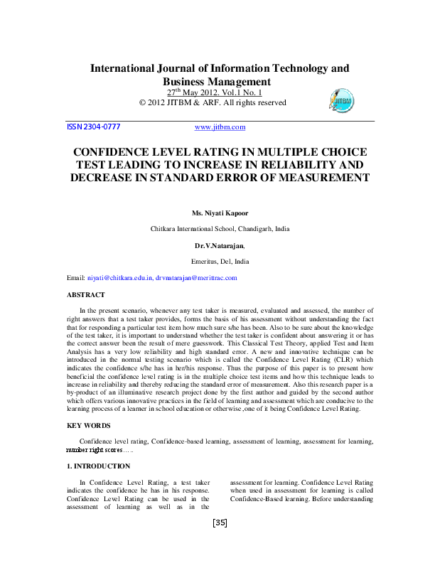 (PDF) CONFIDENCE LEVEL RATING IN MULTIPLE CHOICE TEST LEADING TO ...