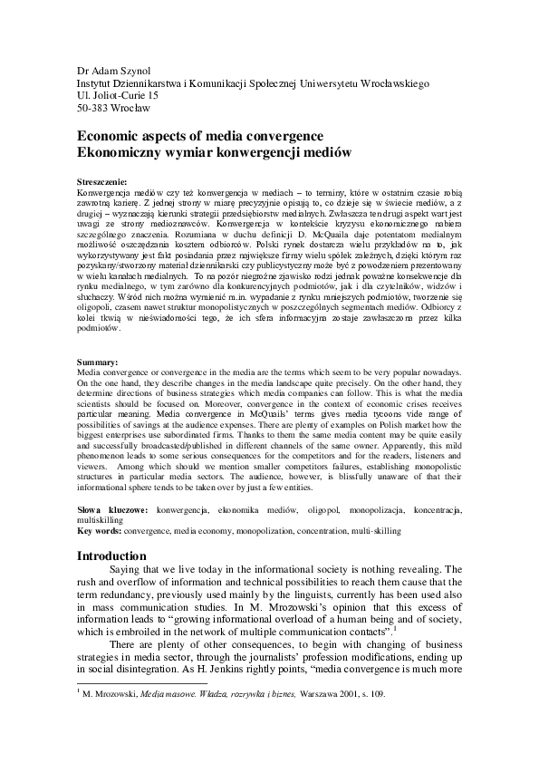 (DOC) A Szynol Economic aspects of media convergence