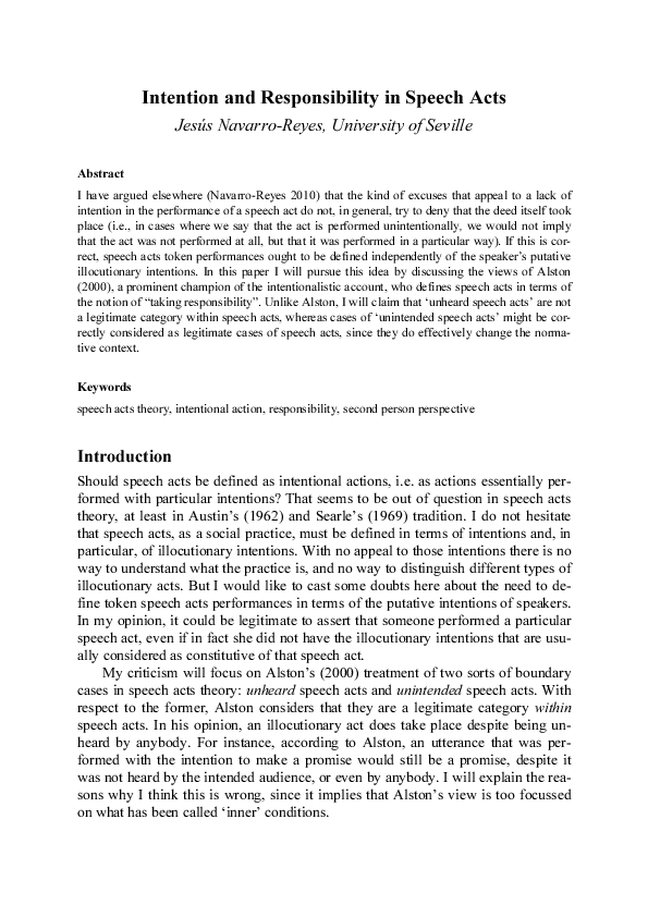 (PDF) Intention and Responsibility in Speech Acts. A note on Alston