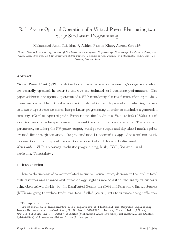 Pdf Risk Averse Optimal Operation Of A Virtual Power Plant Using Two Stage Stochastic Programming