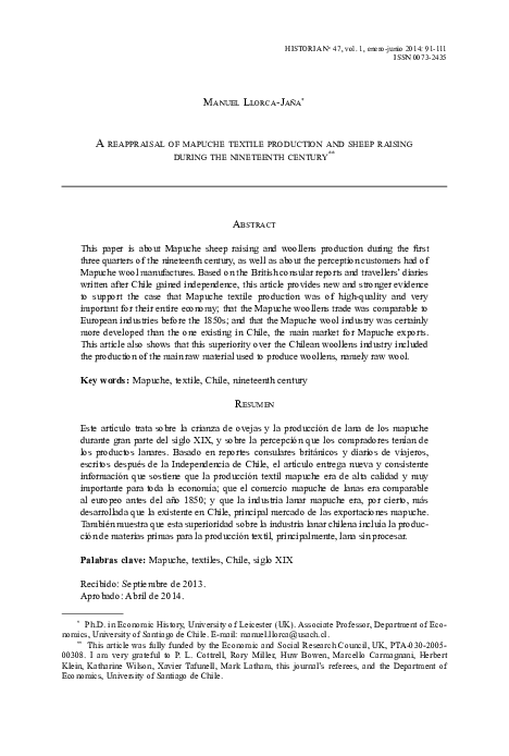 Manuel Llorca-Jaña, ‘A reappraisal of Mapuche textile production and ...