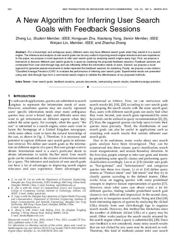 (PDF) A New Algorithm for Inferring User Search Goals with Feedback Sessions