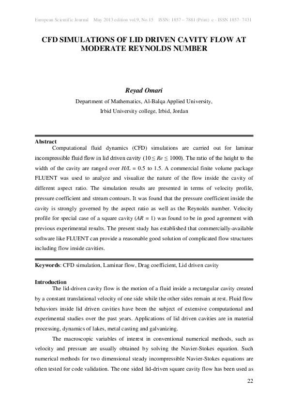 (PDF) CFD SIMULATIONS OF LID DRIVEN CAVITY FLOW AT MODERATE REYNOLDS NUMBER