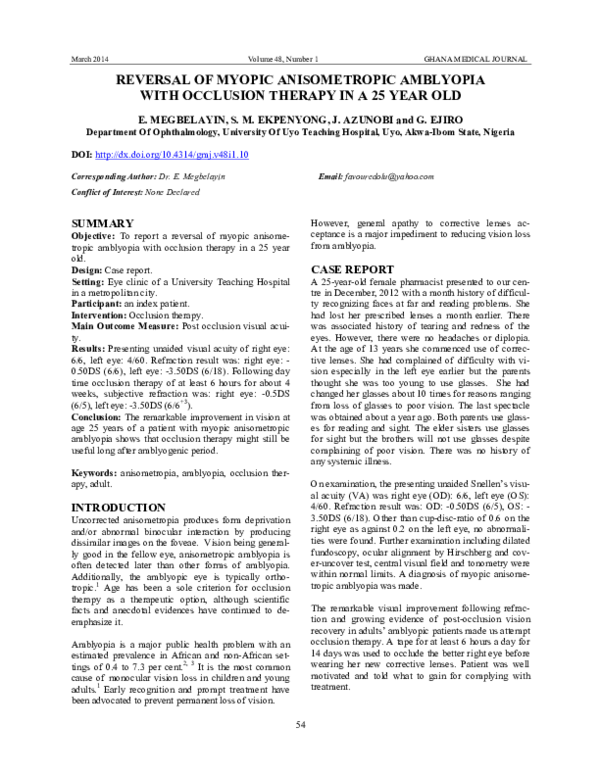 (PDF) REVERSAL OF MYOPIC ANISOMETROPIC AMBLYOPIA WITH OCCLUSION THERAPY IN A 25 YEAR OLD