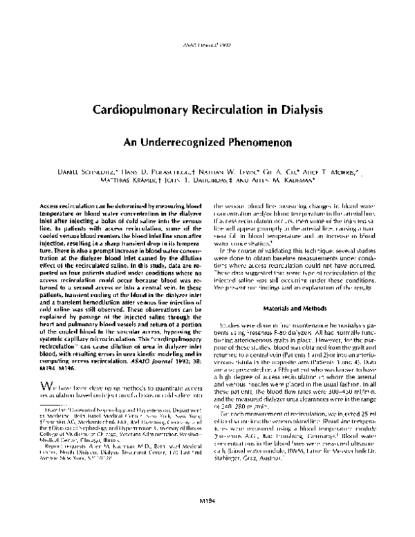 (PDF) Cardiopulmonary Recirculation in Dialysis An Underrecognized ...